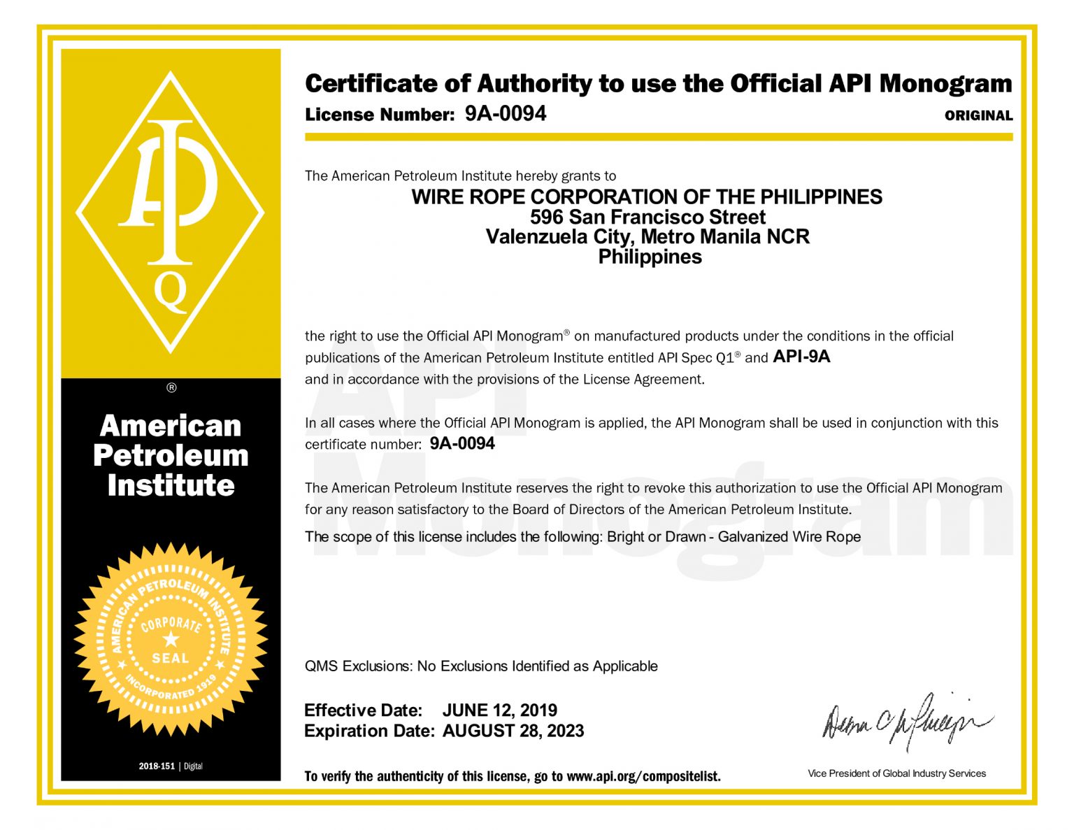 API Certification – Wire Rope Corporation of the Philippines