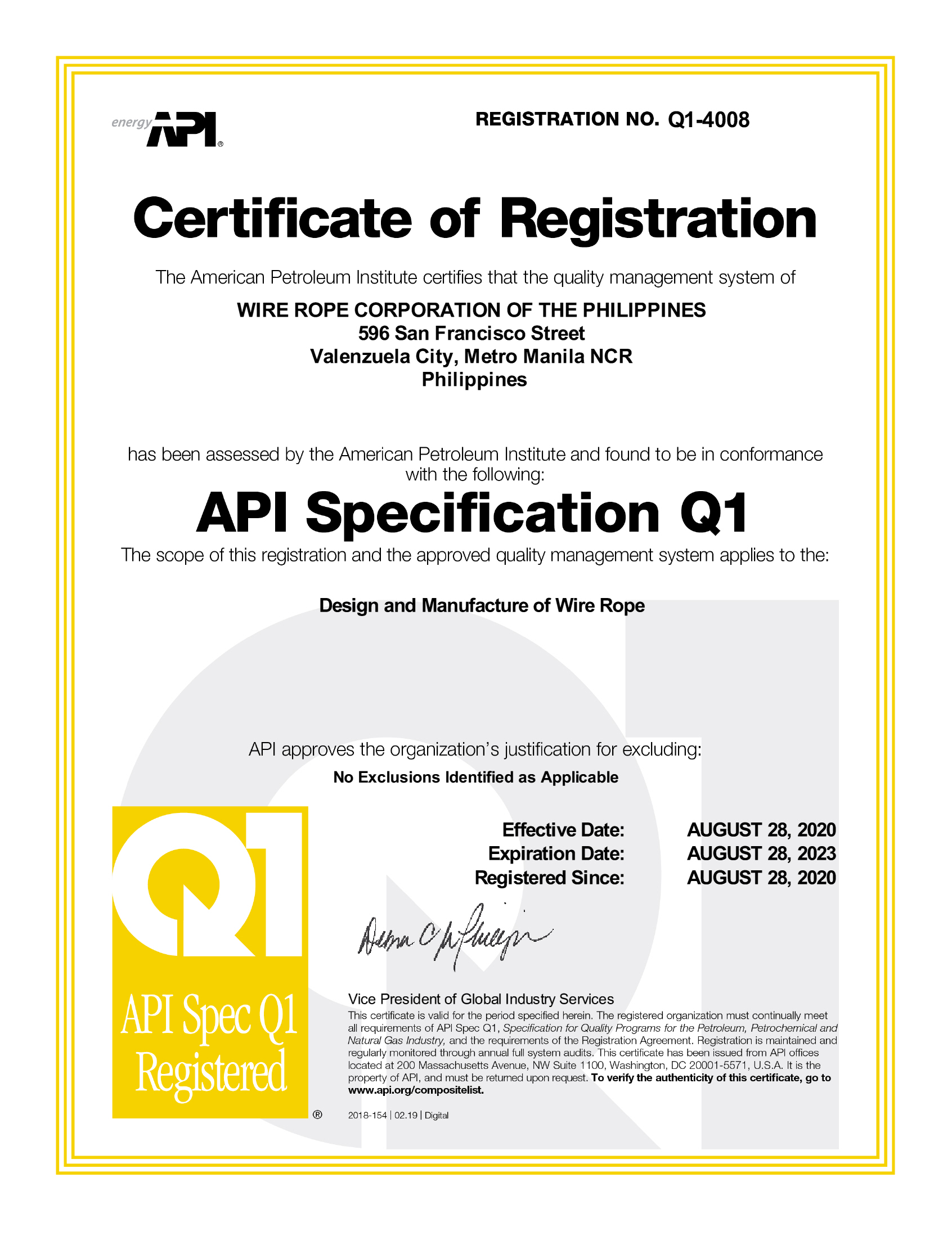 API Certification – Wire Rope Corporation of the Philippines