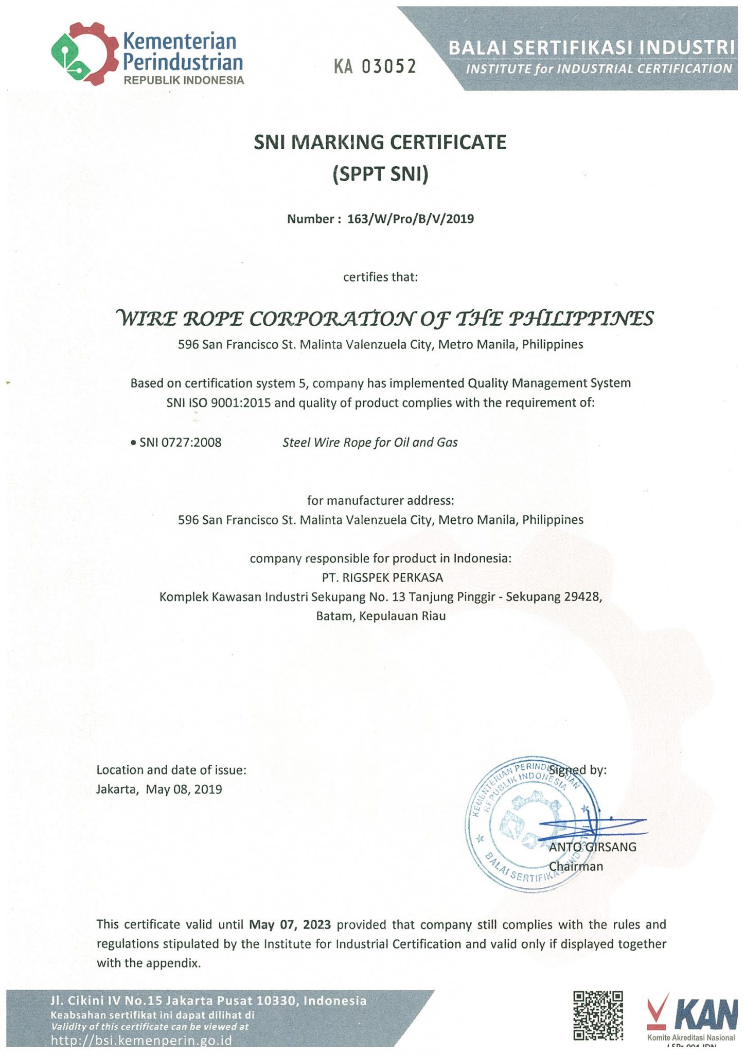 SNI Certification – Wire Rope Corporation of the Philippines